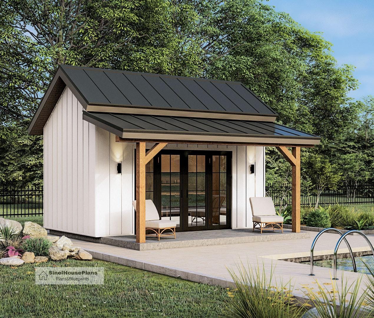 Pool House Plans,16'x16' Pool Shed With Porch Construction Blueprints ...