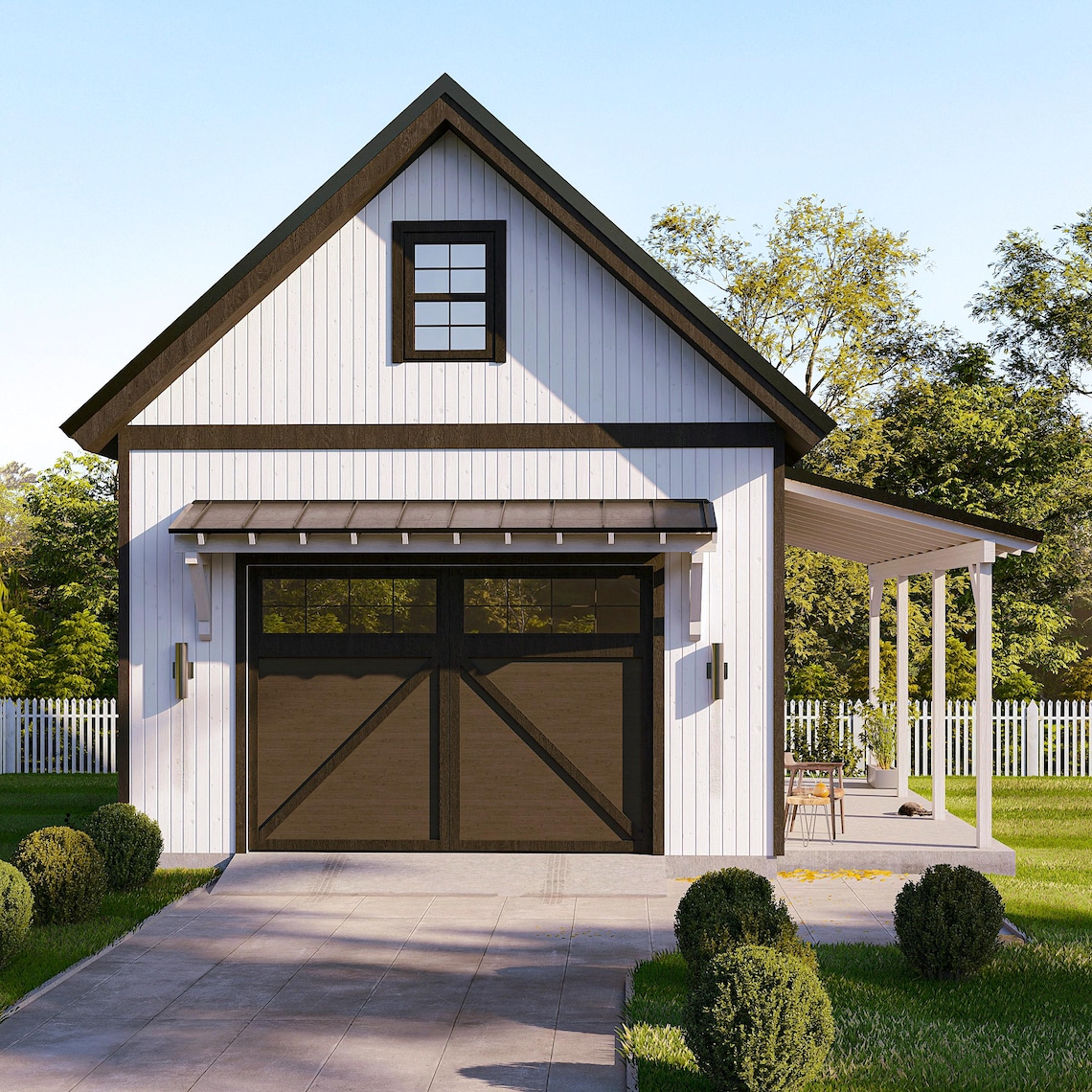 One Car Garage Plans With Loft & Covered Porch/workshop Shed Blueprints ...