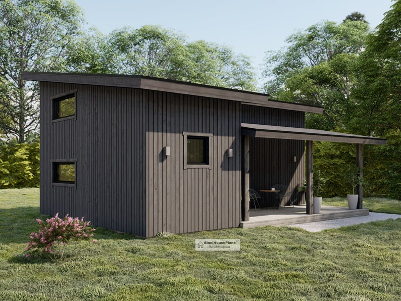 20'x28' Modern Tiny House Plans, Lean Cabin Architectural Construction ...