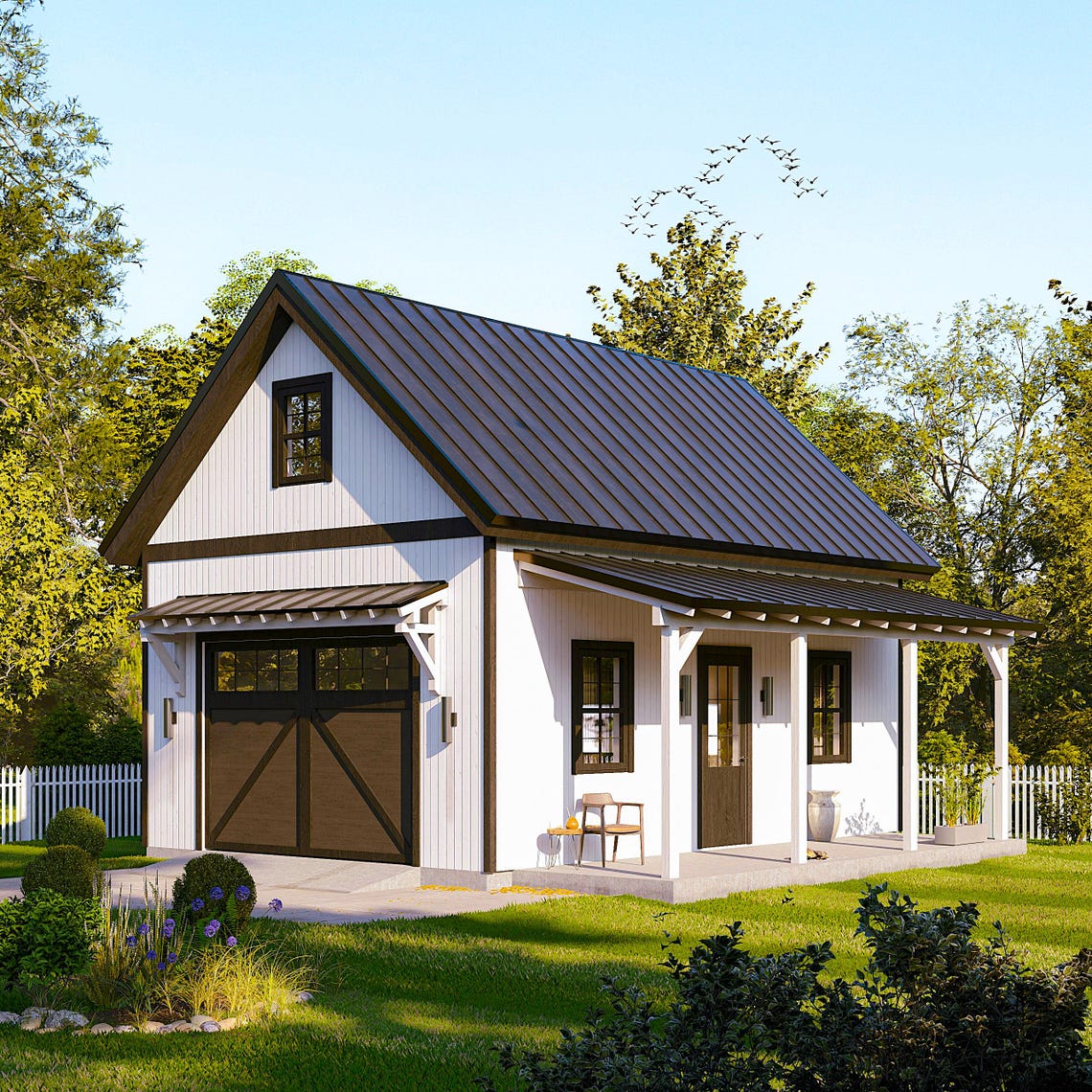 One Car Garage Plans With Loft & Covered Porch/workshop Shed Blueprints ...