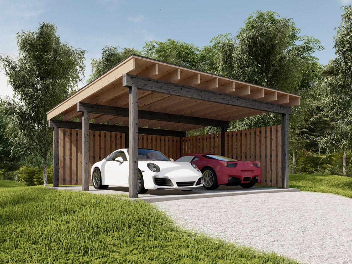 Carport Plan, 20' X 20' Modern Two Car Garage Pavilion Blueprints With ...