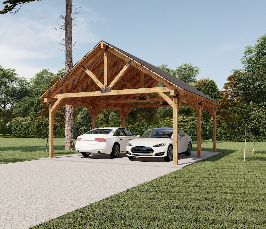 20'x24' Wooden Carport Plans, Gable Roof Pavilion Blueprints With ...