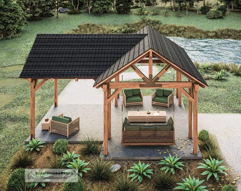 3-gable Timber Frame Pavilion Plan, Outdoor Living Space Blueprints ...