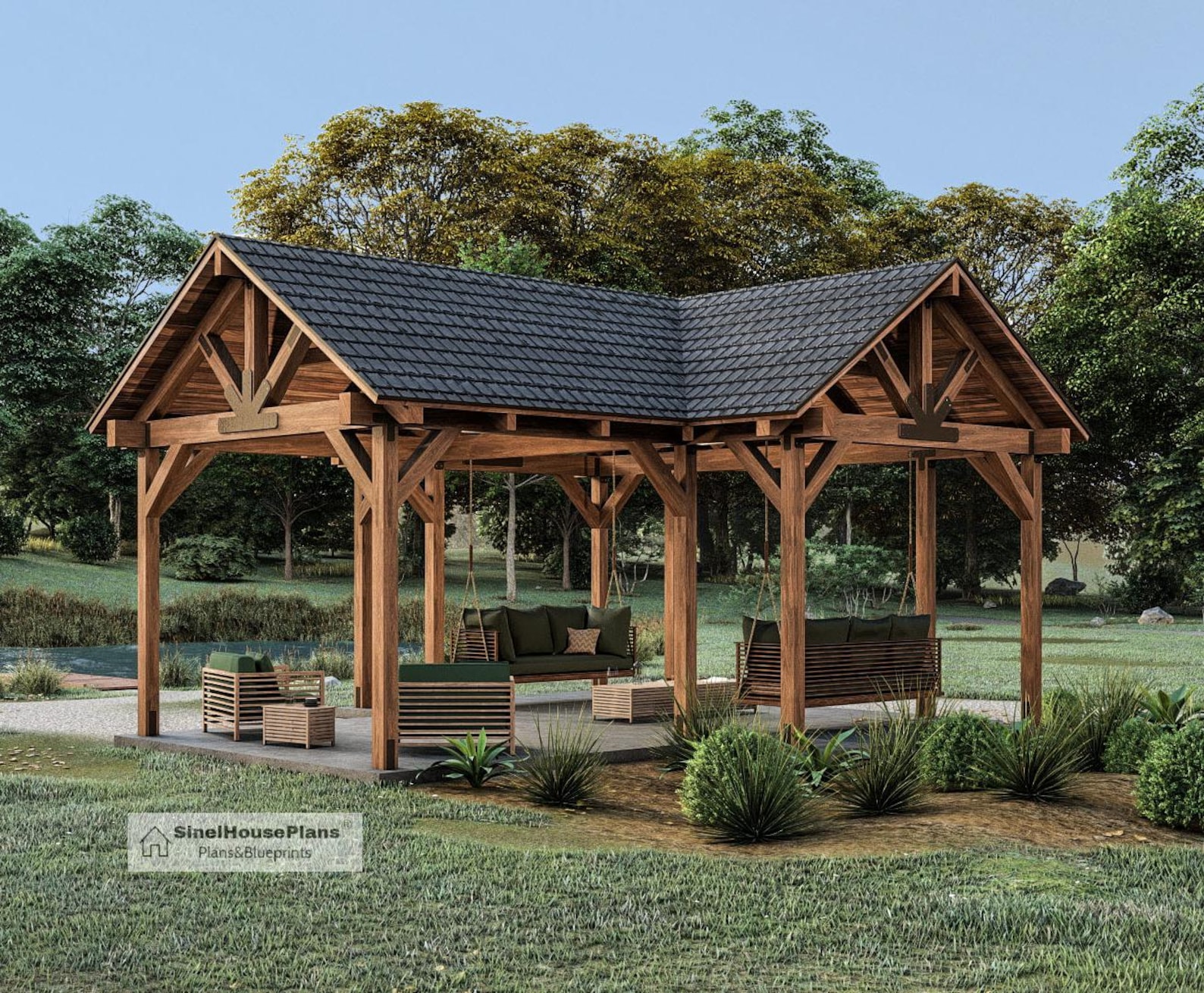 3-gable Timber Frame Pavilion Plan, Outdoor Living Space Blueprints ...