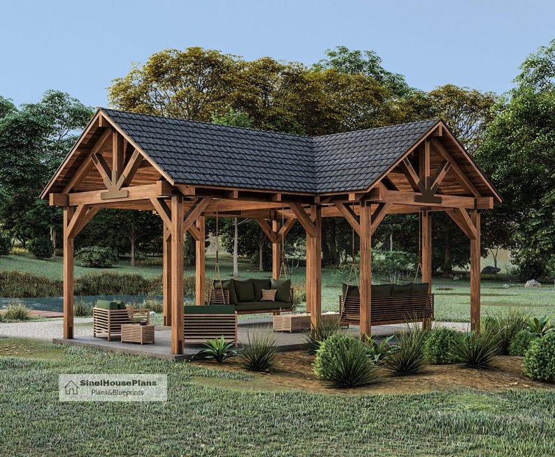 3-gable Timber Frame Pavilion Plan, Outdoor Living Space Blueprints ...