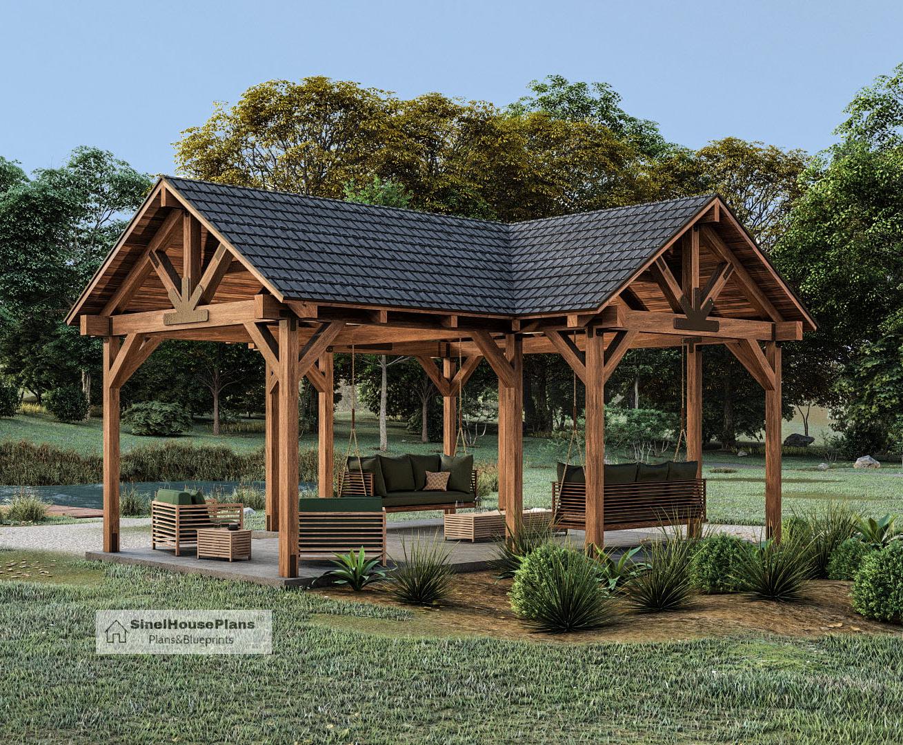 3-gable Timber Frame Pavilion Plan, Outdoor Living Space Blueprints ...