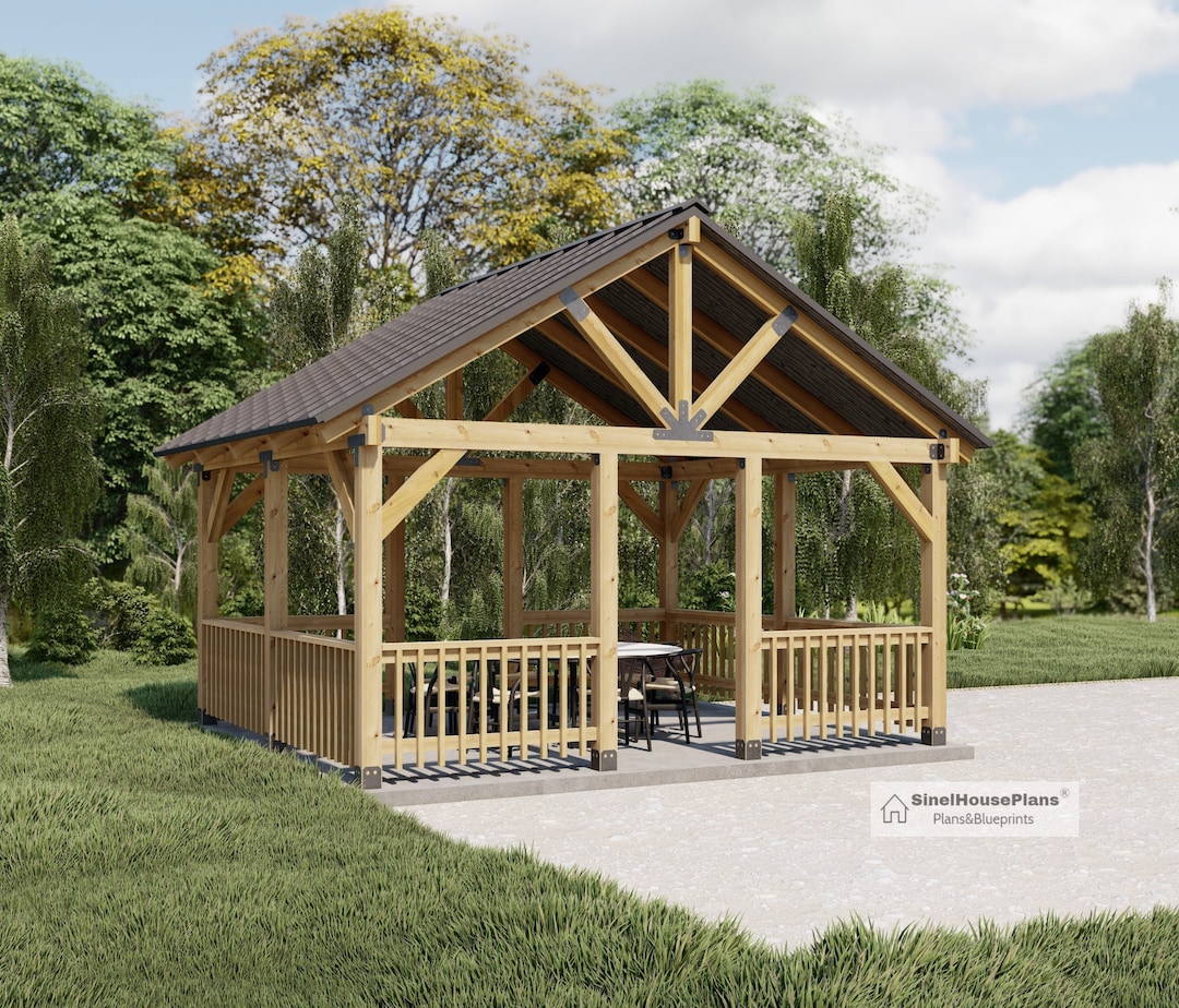 16'x14' Gazebo Pavilion Plans, Garden Picnic Shelter Construction ...