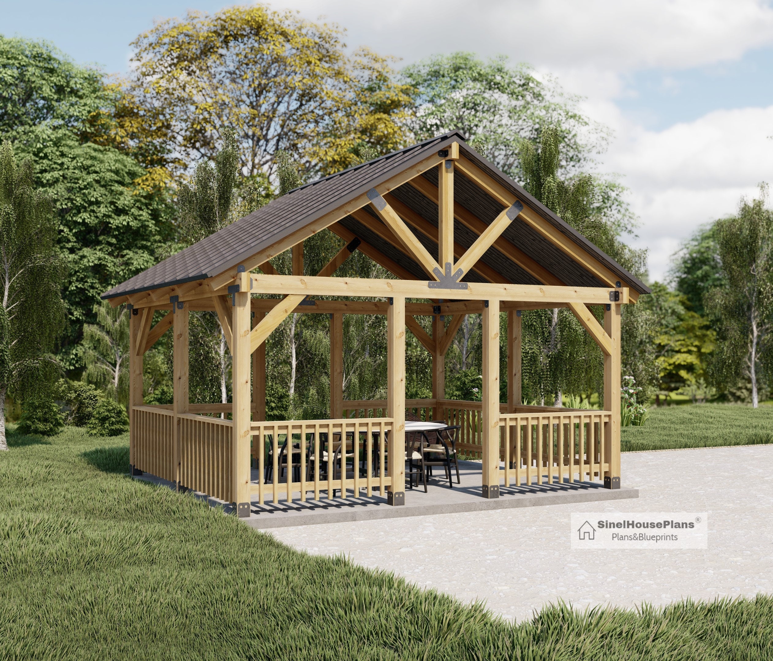 16'x14' Gazebo Pavilion Plans, Garden Picnic Shelter Construction ...