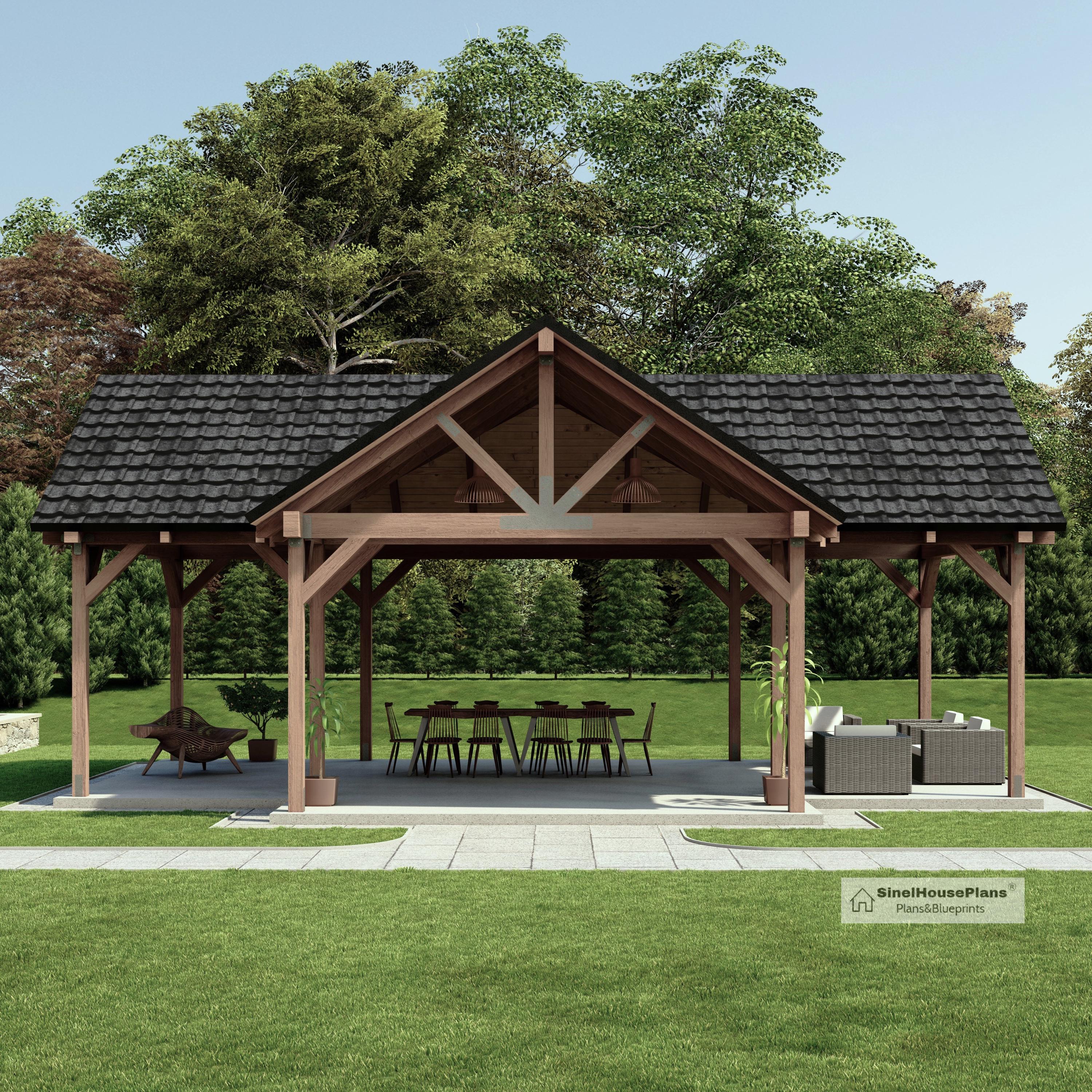 Gable Pavilion Plan, 643 SF Gazebo Construction Blueprint,timber Frame ...