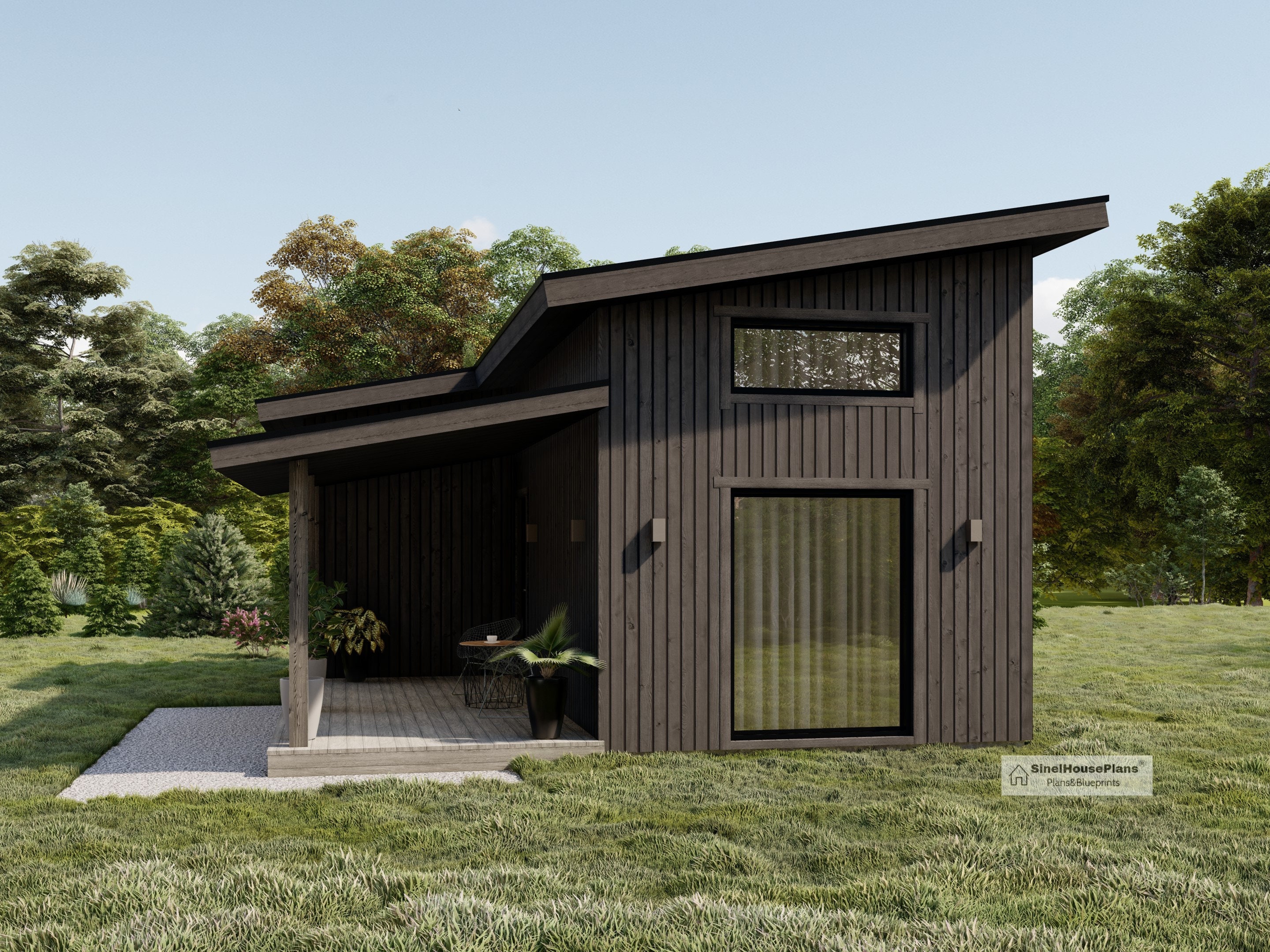 20'x28' Modern Tiny House Plans, Lean Cabin Architectural Construction ...