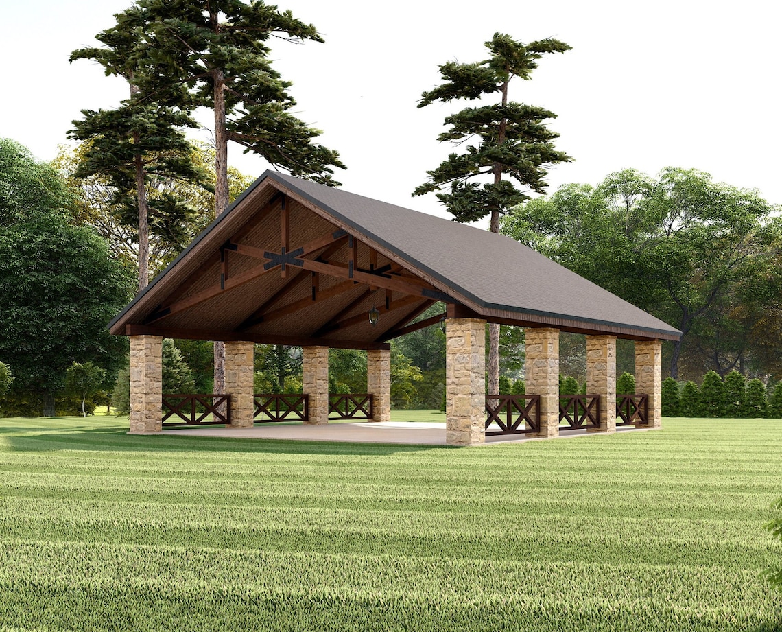 36'x38' Large Timber Frame Pavilion Plans, Commercial Outdoor Canopy ...
