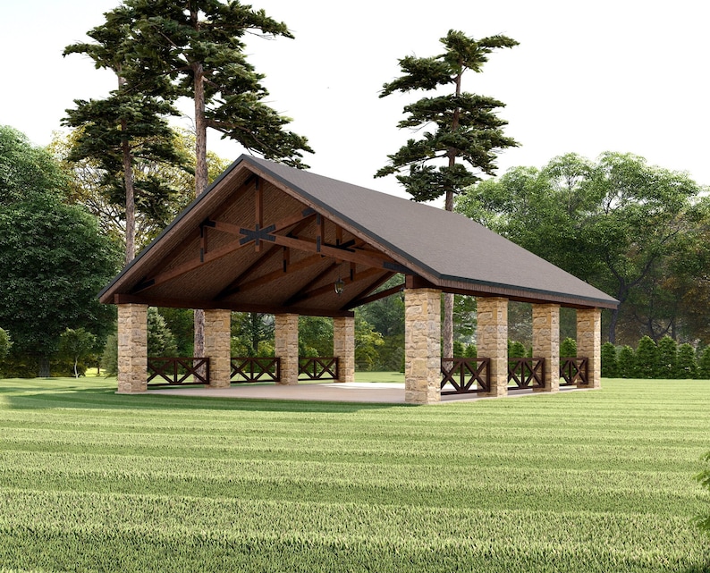 36'x38' Large Timber Frame Pavilion Plans, Commercial Outdoor Canopy ...