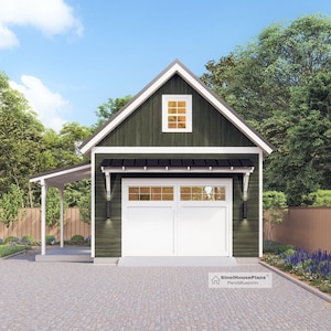 Single Garage Architectural Plan With Loft, 16'x24' Traditional One Car ...