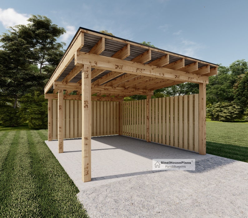 Modern Carport Plans, 14'x18'-6'' Lean to Pavilion Blueprints, One Car ...