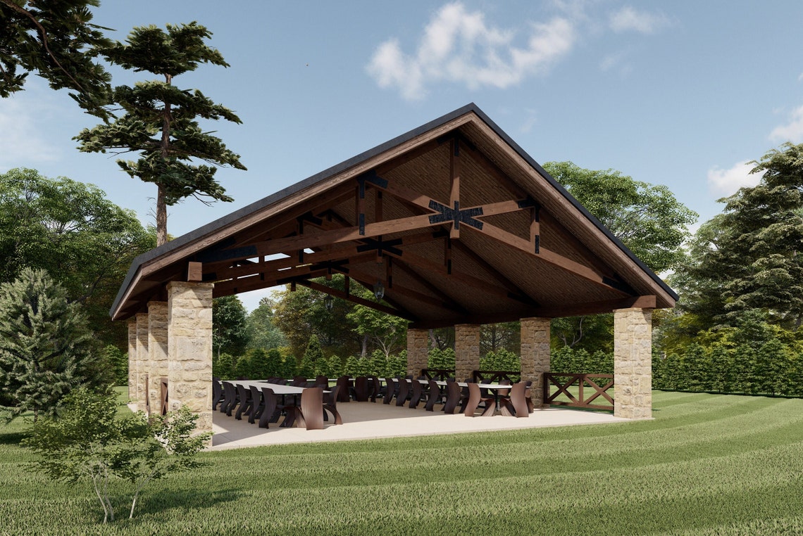36'x38' Large Timber Frame Pavilion Plans, Commercial Outdoor Canopy ...