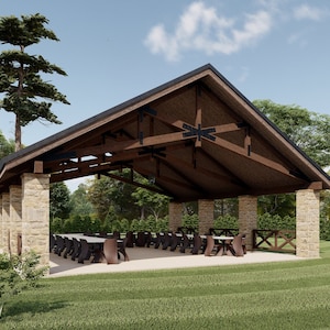 36'x38' Large Timber Frame Pavilion Plans, Commercial Outdoor Canopy ...