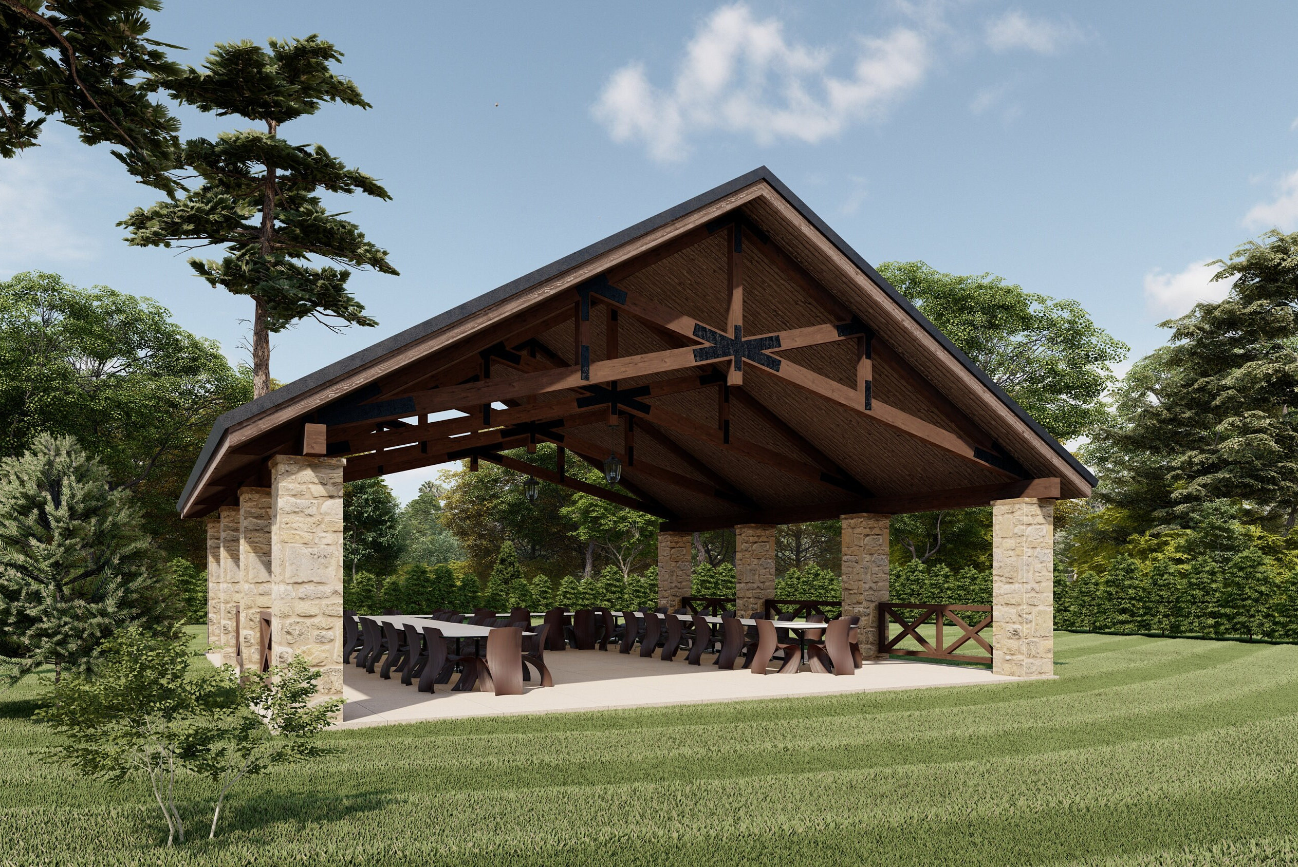 36'x38' Large Timber Frame Pavilion Plans, Commercial Outdoor Canopy ...