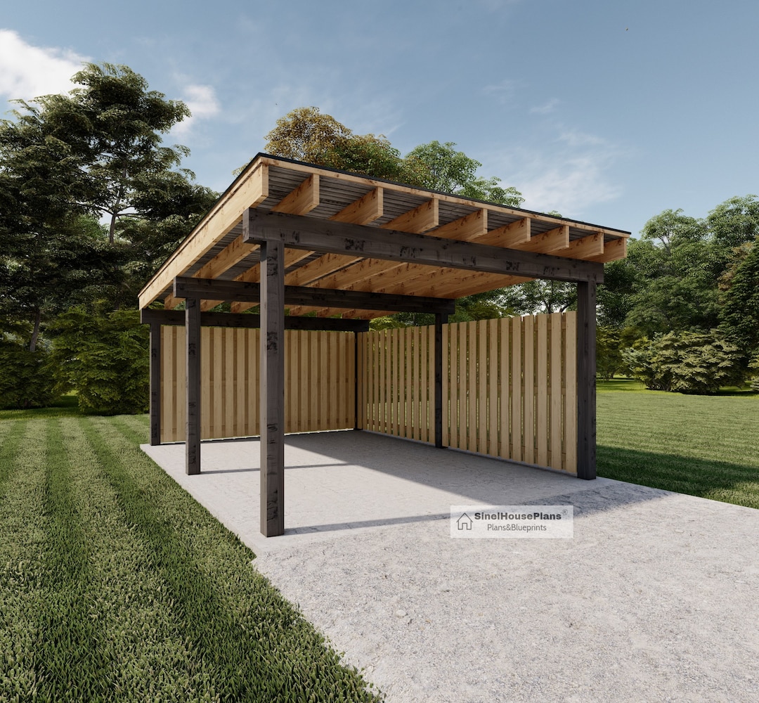 Modern Carport Plans, 14'x18'-6'' Lean to Pavilion Blueprints, One Car ...