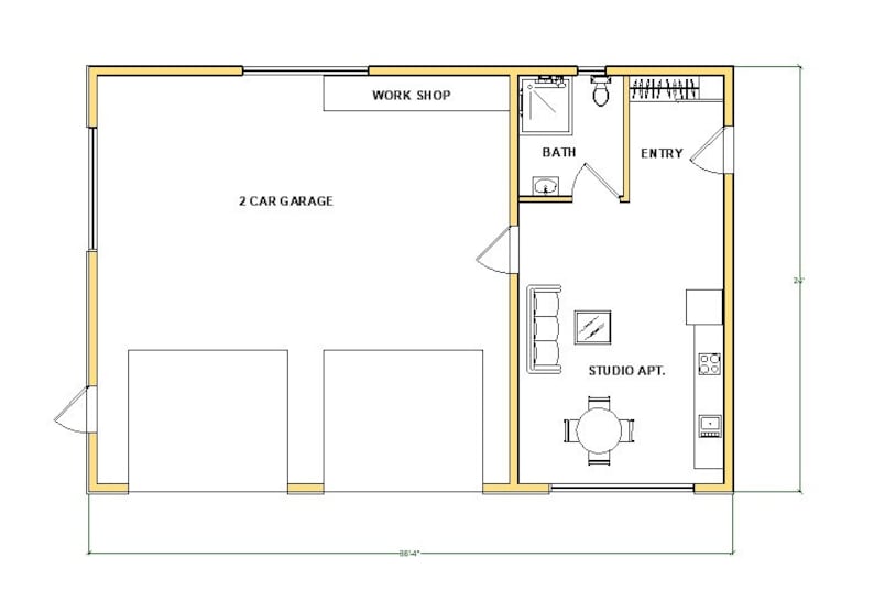 24'x36' Modern Garage Plans With Studio Apartments, 2 Car Architectural ...