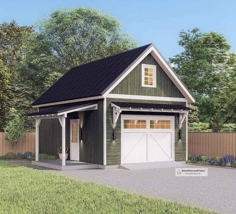 Single Garage Architectural Plan With Loft, 16'x24' Traditional One Car ...