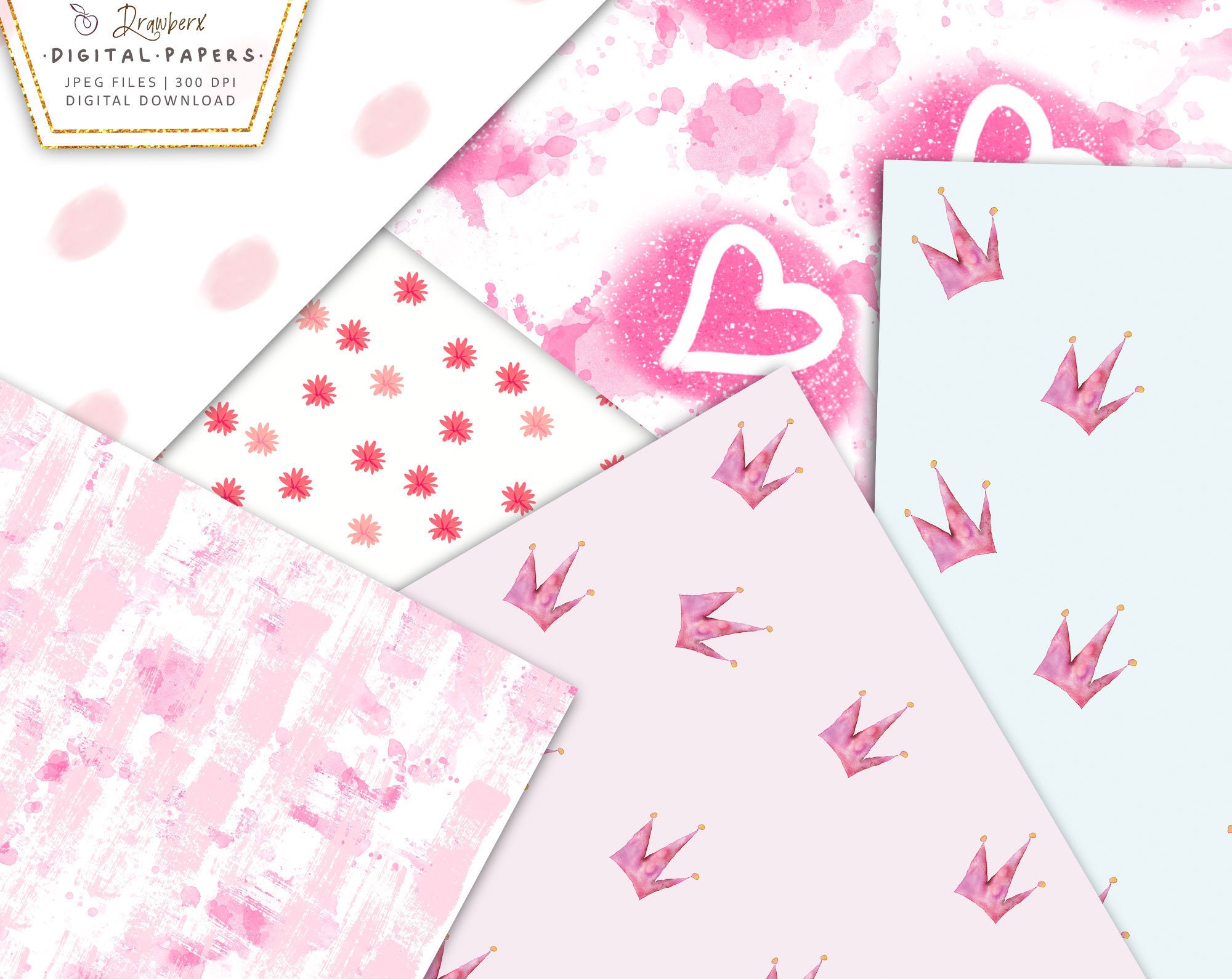 Pink Girly Digital Papers, Cute, Doodle Crown Pattern, Pretty ...
