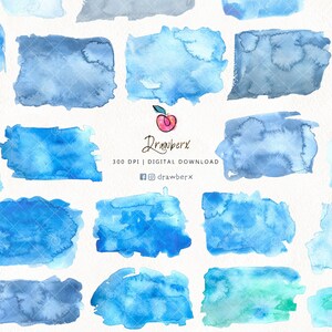 Blue Watercolor Brush Strokes, Watercolor Clipart. Set of 18 PNG Clip ...