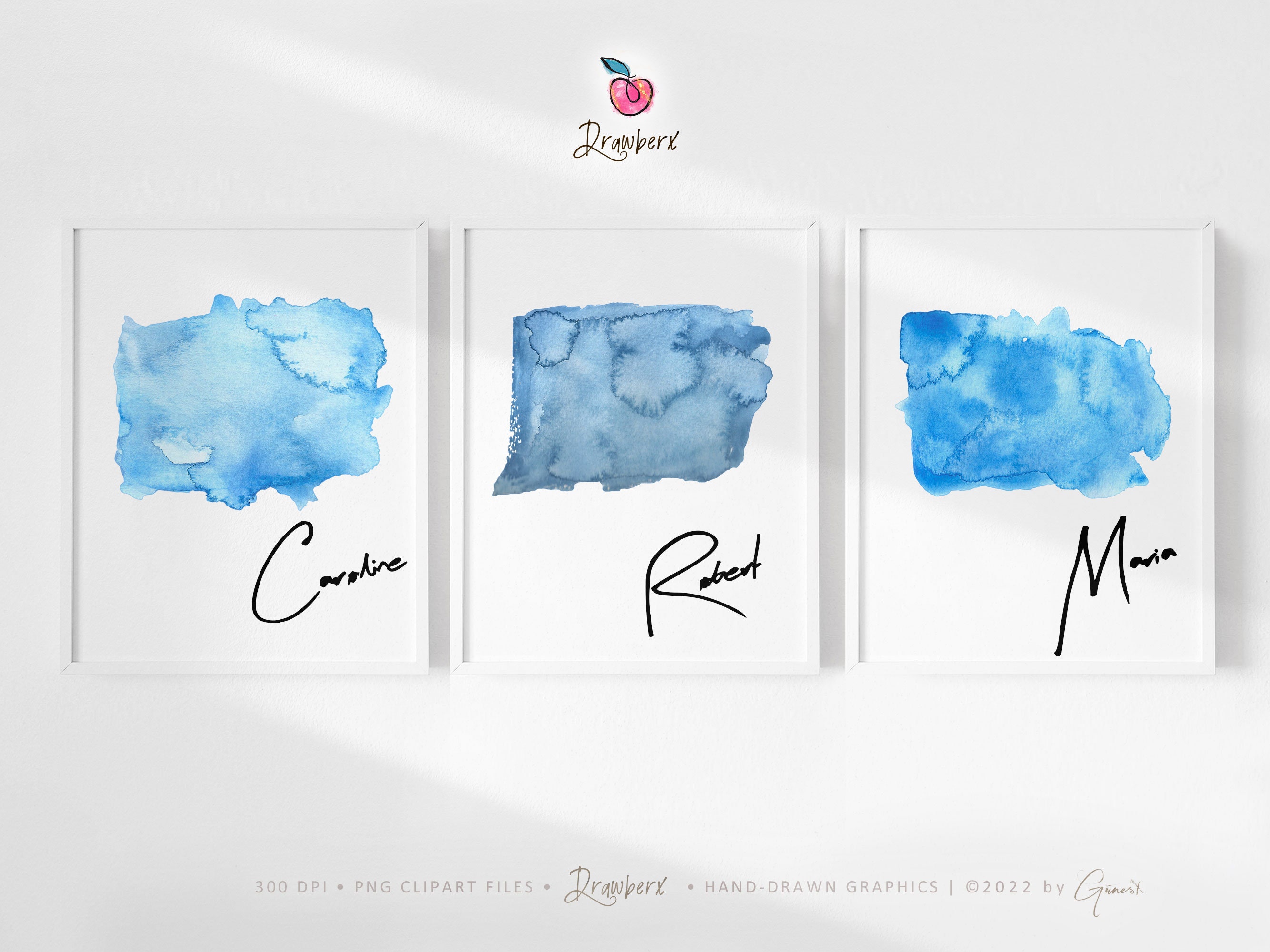 Blue Watercolor Brush Strokes, Watercolor Clipart. Set of 18 PNG Clip ...