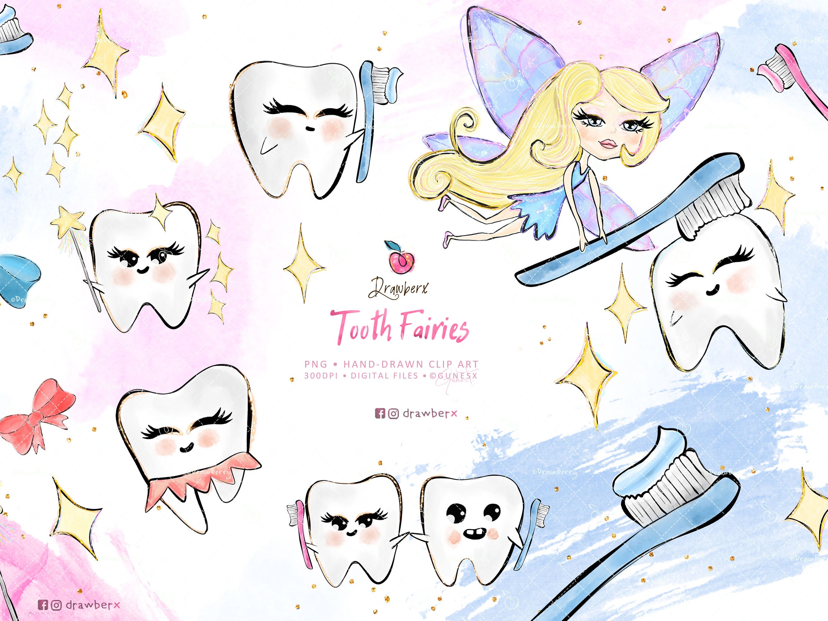 Tooth Fairy Clipart, Cute Whimsical Dental Clipart / Teeth Doodles ...