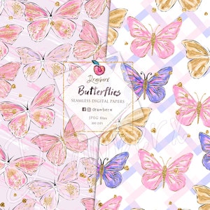 Butterfly Digital Paper, 10 Seamless Pattern / Gold, Pink, Purple ...