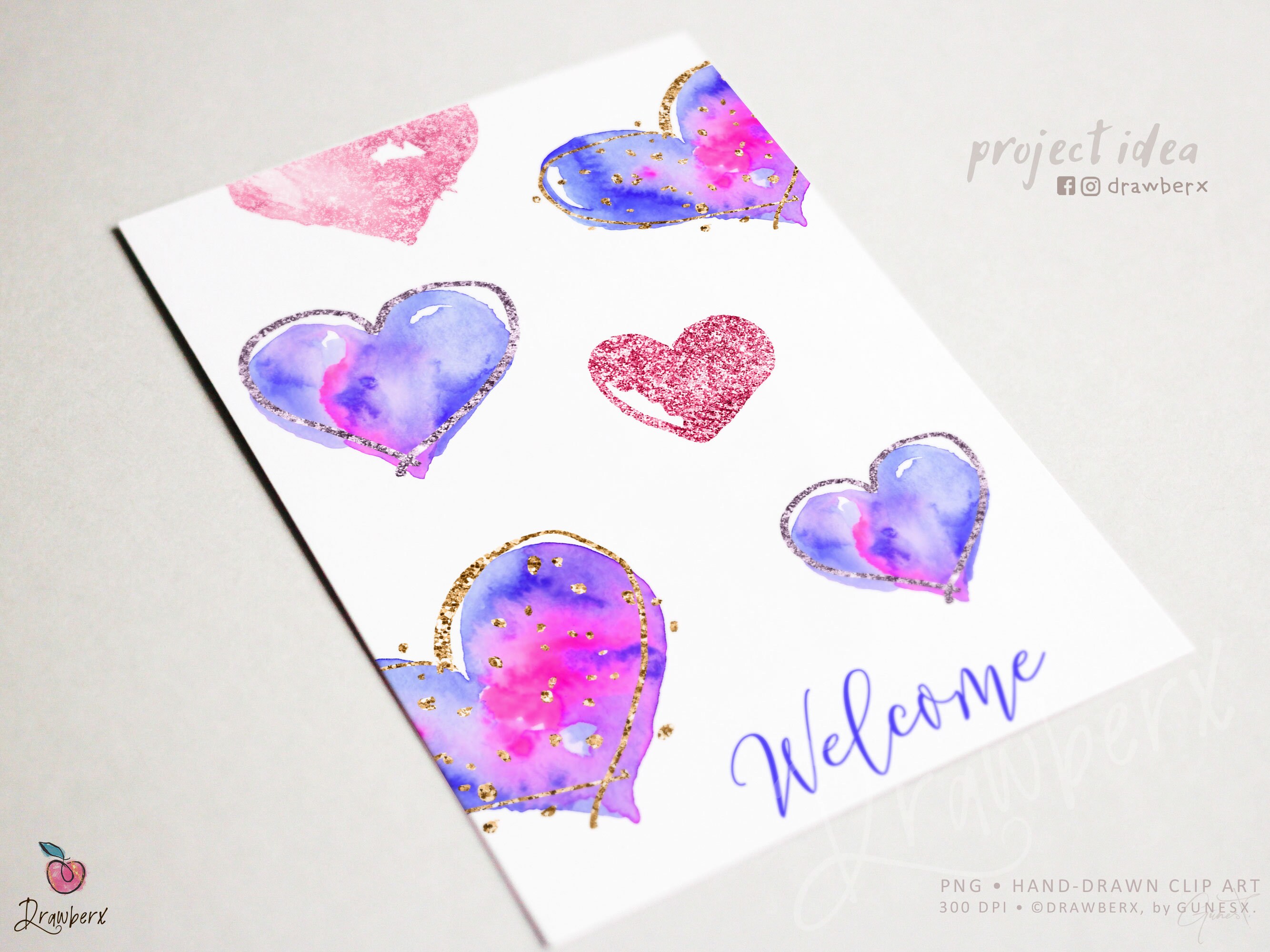 Colorful Glitter Hearts Clipart, Png Files / Pink, Purple, Watercolor ...