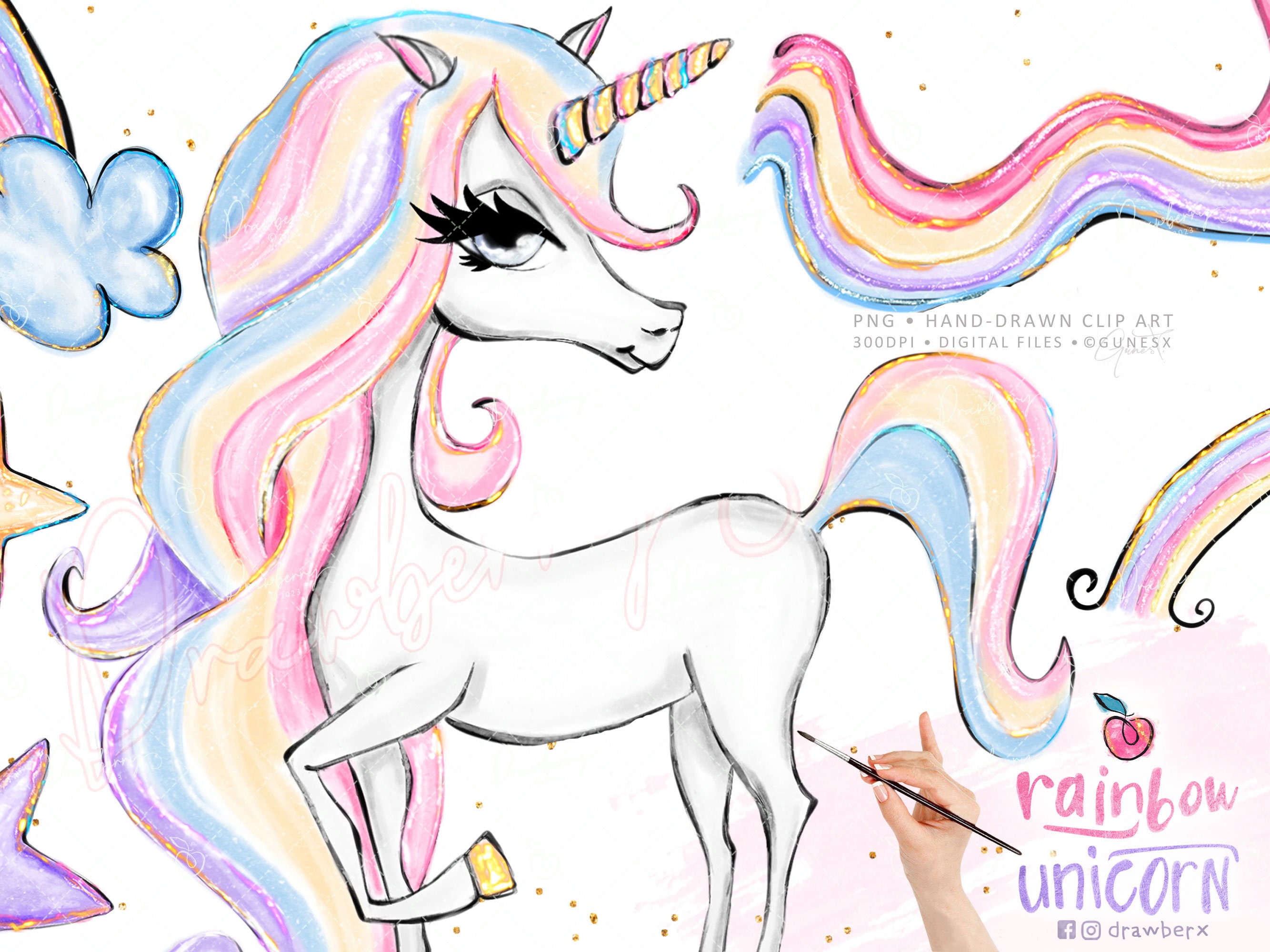 Rainbow Unicorn Clipart Set. Png Files. Rainbow Unicorn Birtday, Cute ...