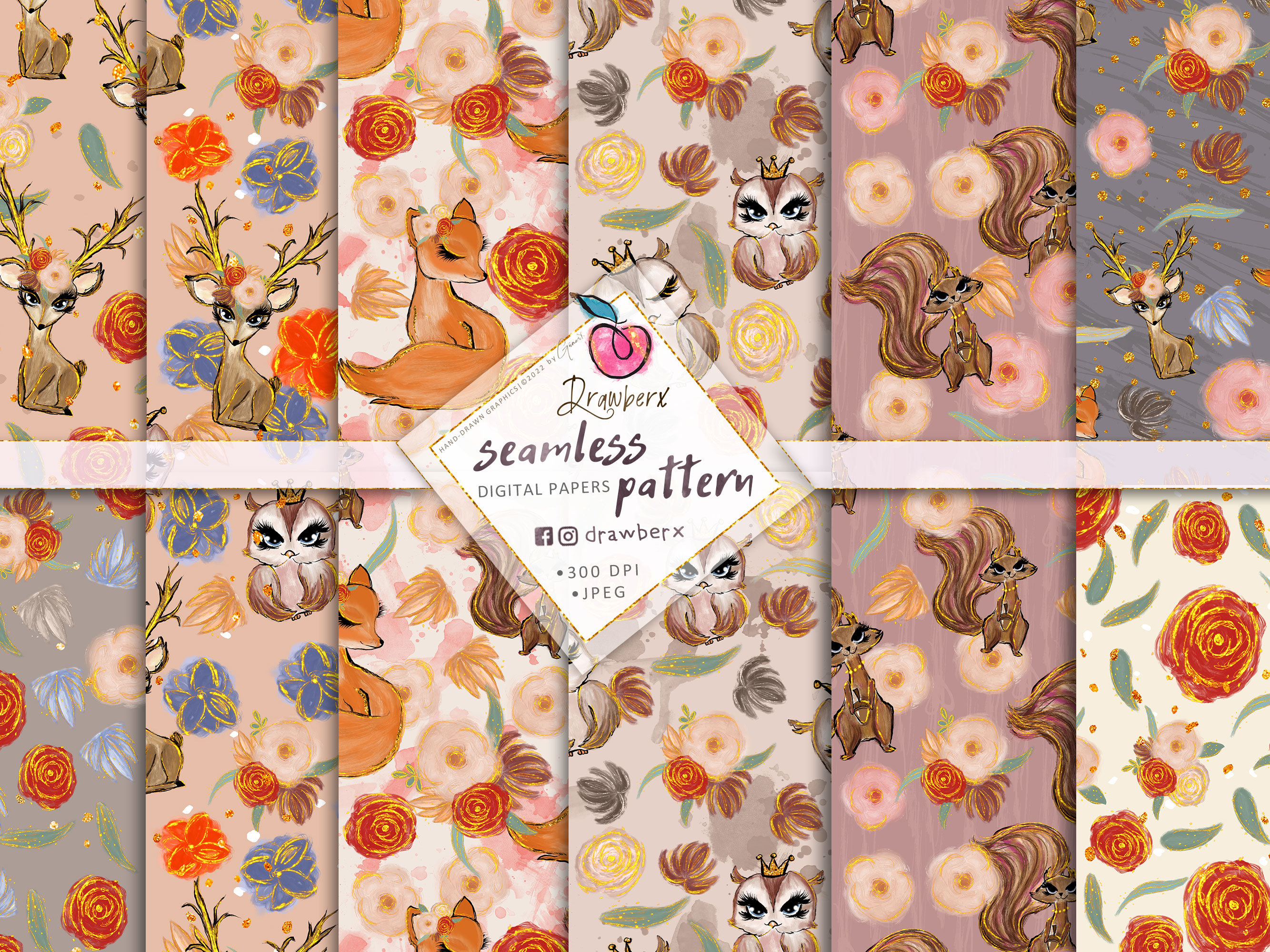 Woodland Animals Digital Paper, Fawn Squirrel Owl Fox, 12 Seamless ...