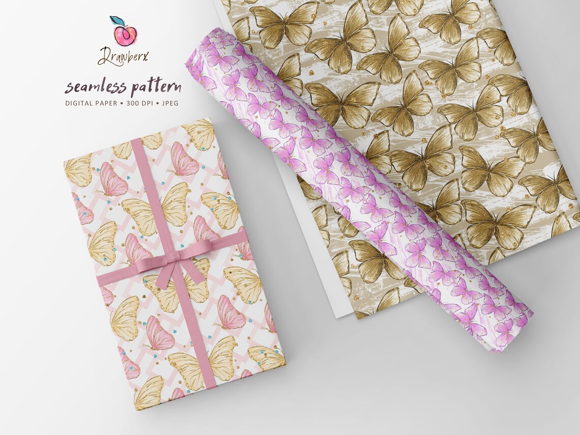 Butterfly Digital Paper, 10 Seamless Pattern / Gold, Pink, Purple ...