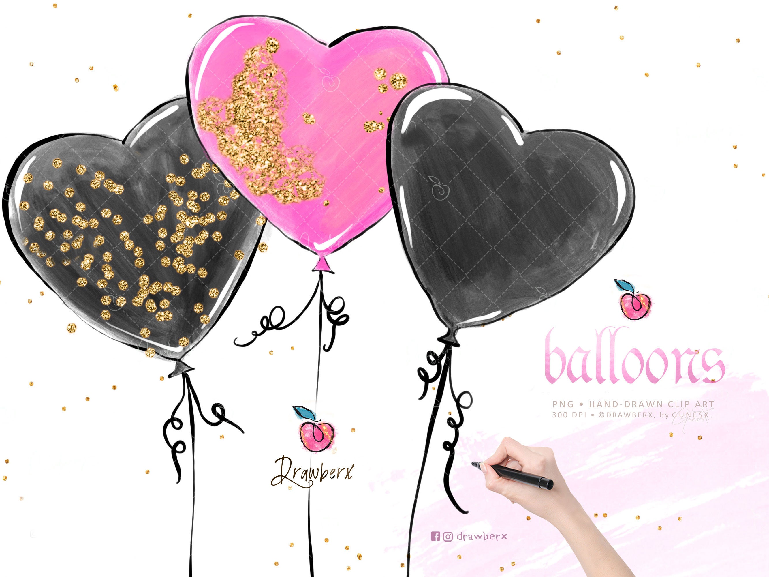 Heart Balloon Clipart, Png, Black, Pink, Gold Glitter, Watercolor ...