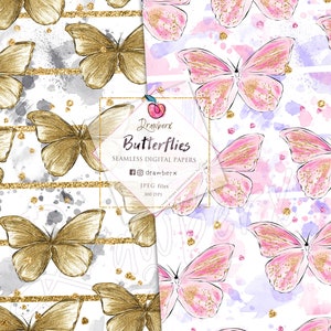 Butterfly Digital Paper, 10 Seamless Pattern / Gold, Pink, Purple ...