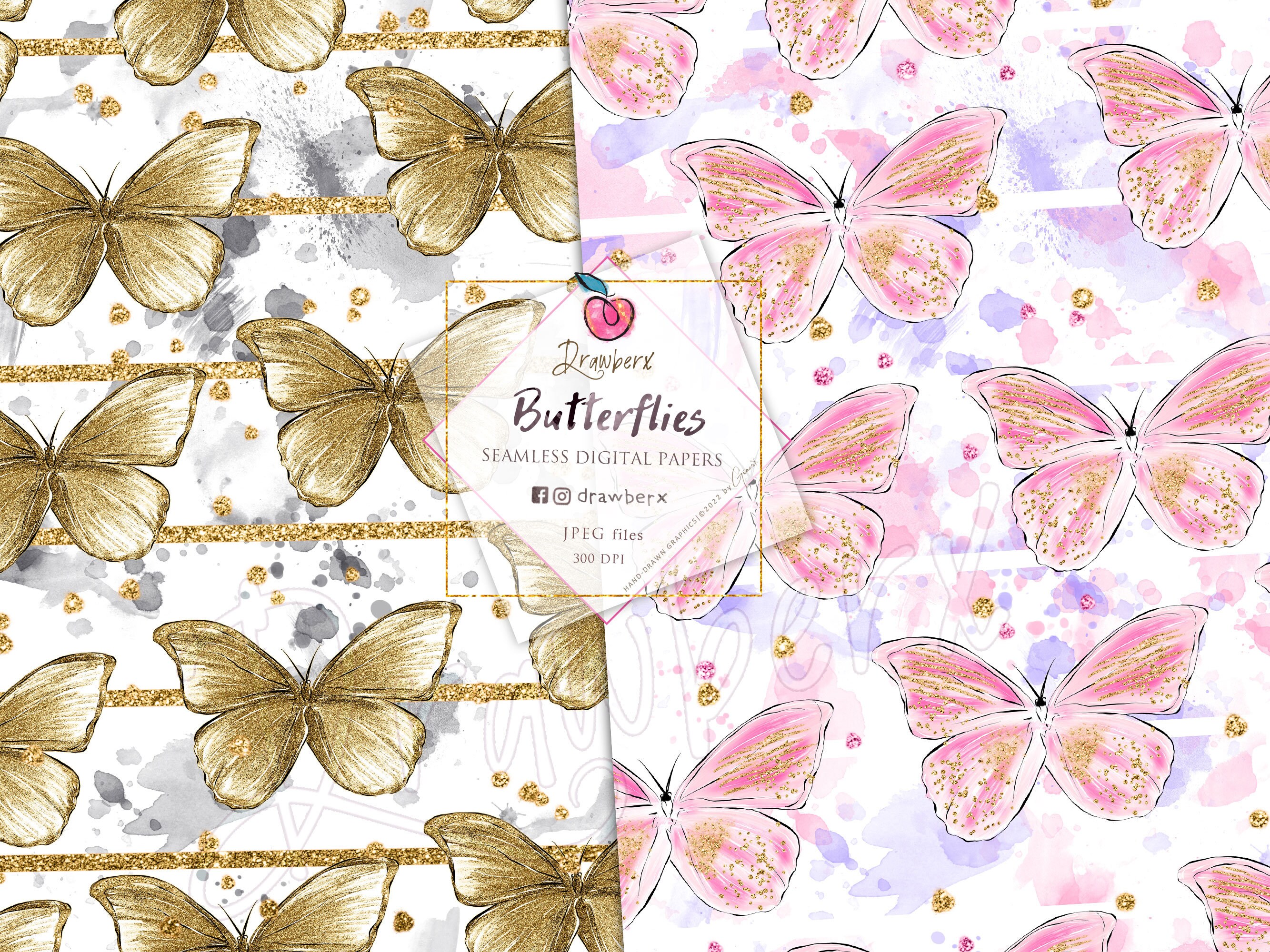 Butterfly Digital Paper, 10 Seamless Pattern / Gold, Pink, Purple ...
