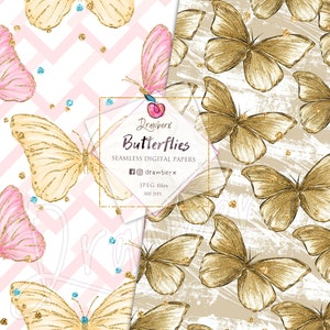 Butterfly Digital Paper, 10 Seamless Pattern / Gold, Pink, Purple ...
