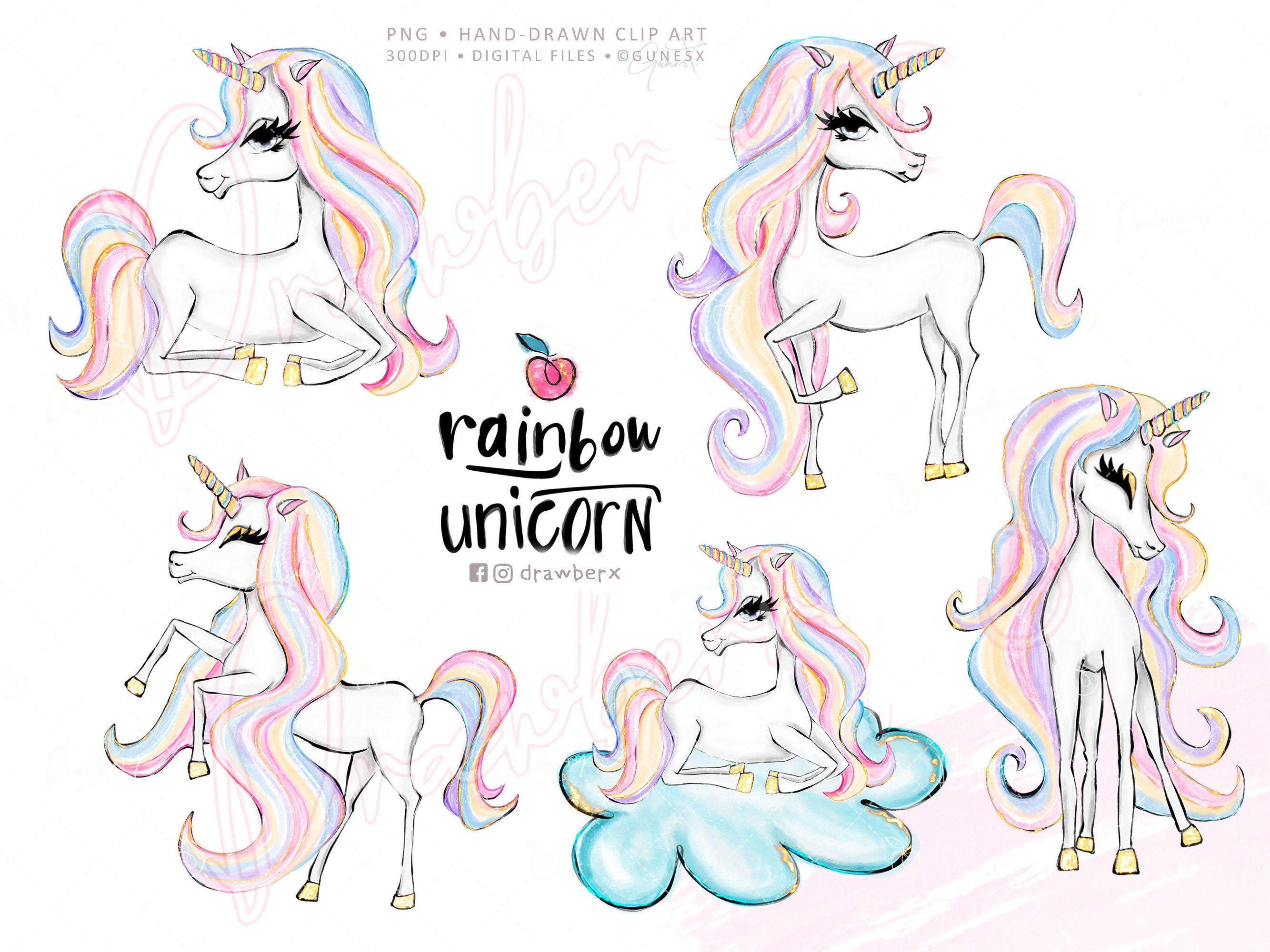 Rainbow Unicorn Clipart Set. Png Files. Rainbow Unicorn Birtday, Cute ...