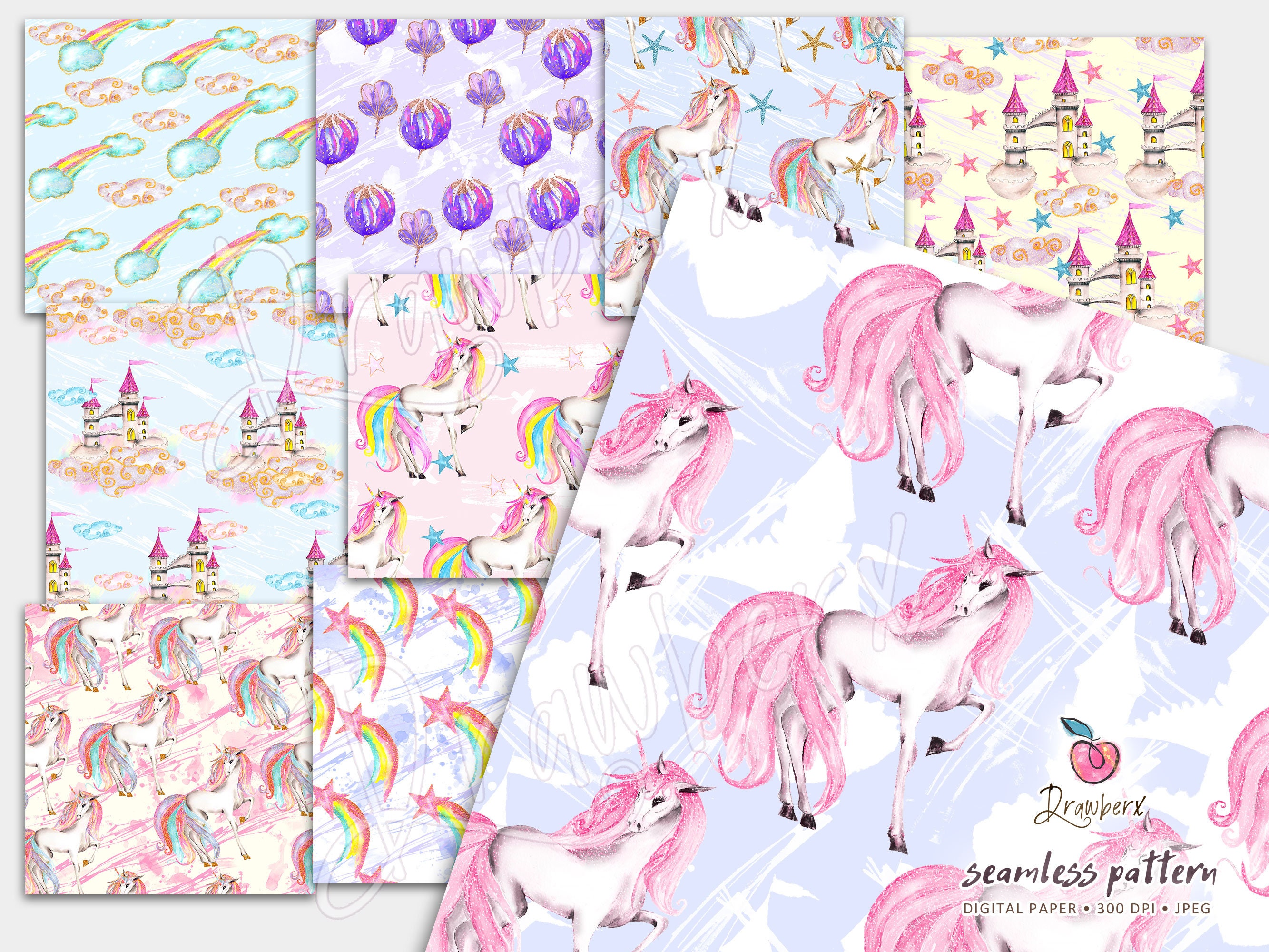 Unicorn Digital Papers, Seamless Pattern / Rainbow Unicorn, Fairytale ...