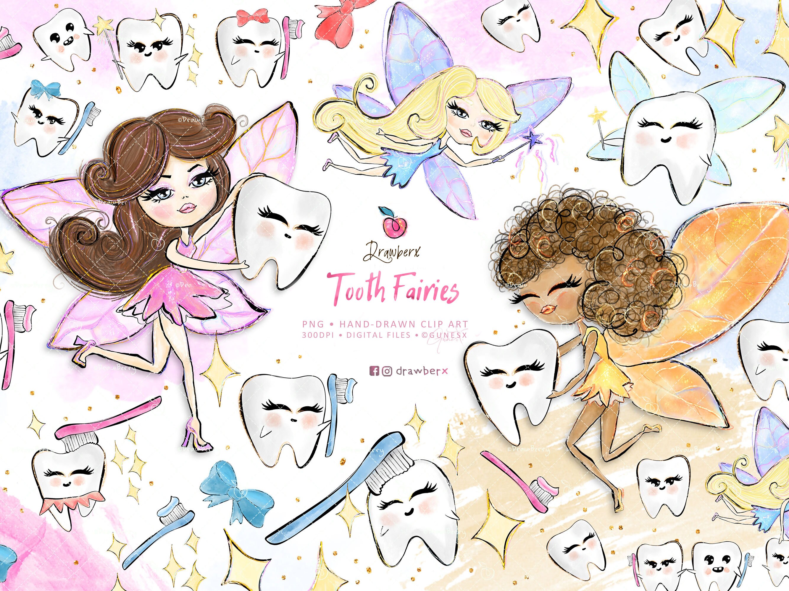 Tooth Fairy Clipart, Cute Whimsical Dental Clipart / Teeth Doodles ...