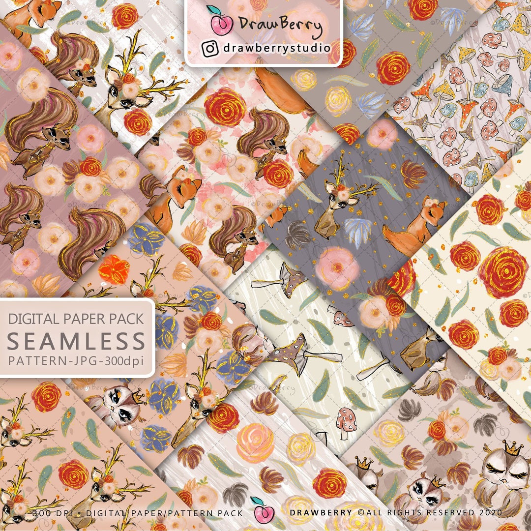 Woodland Animals Digital Paper Fawn Squirrel Owl Fox - Etsy