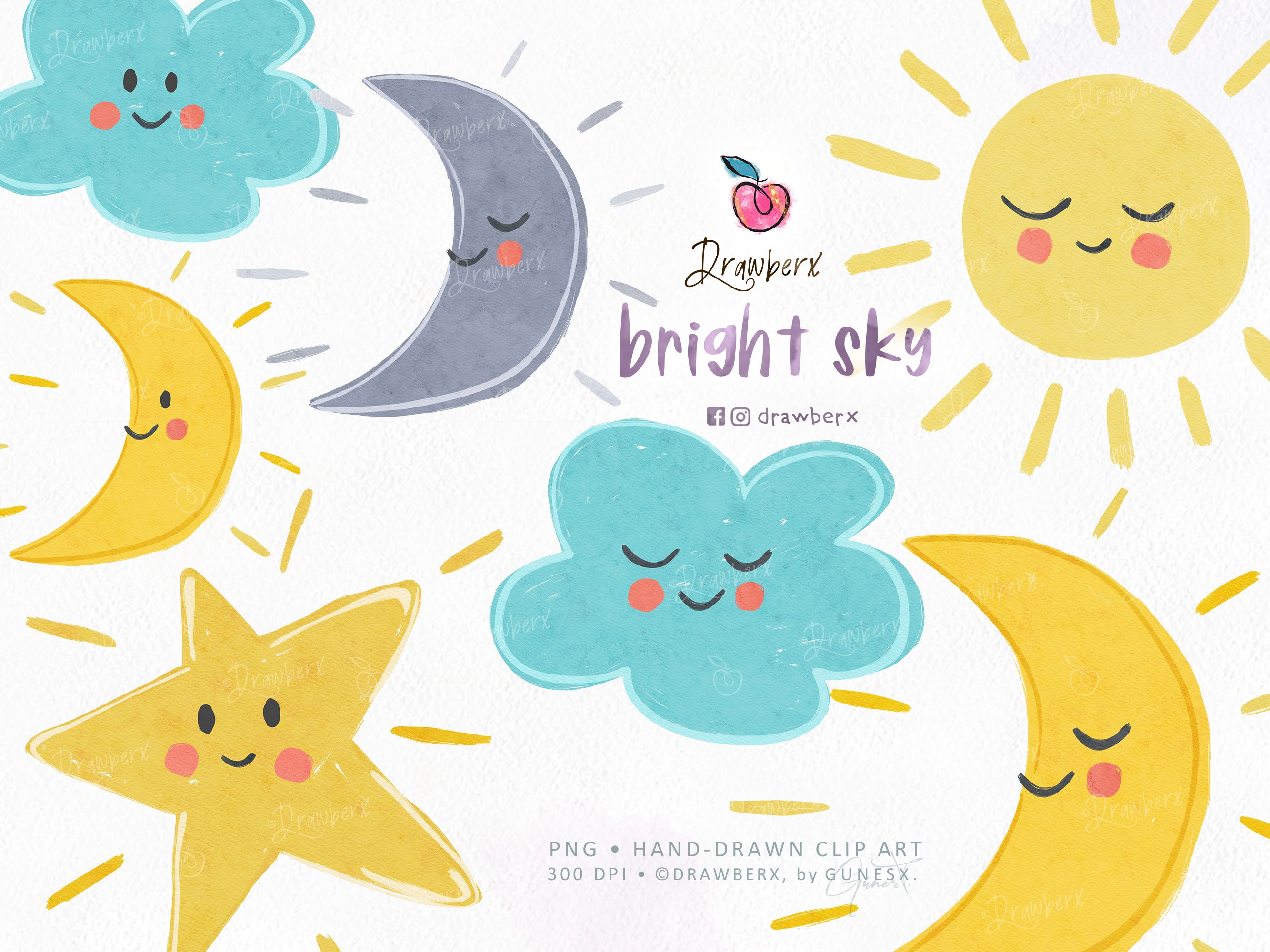 Baby Watercolor Clipart / Sun, Moon, Star, Cloud Face, Cute, Boho Nursery Clipart, Little ...