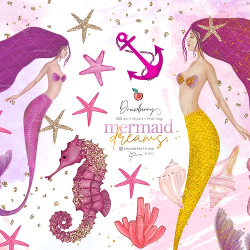 Watercolor Mermaid Clipart Summer Clipart Starfish Seahorse - Etsy