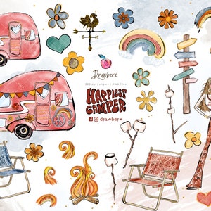Happy Camper Clipart, Travel Girl Camping, Watercolor, Glamping, PNG ...