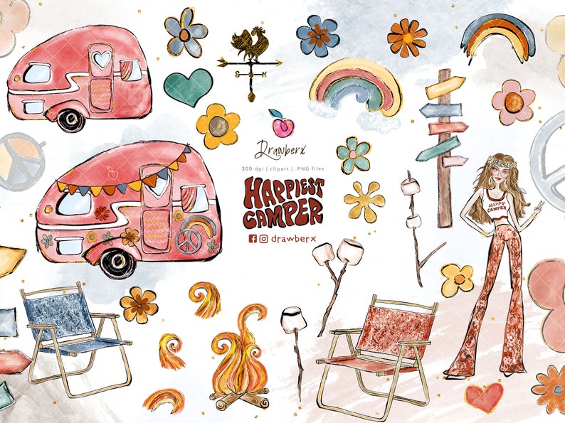 Happy Camper Clipart, Travel Girl Camping, Watercolor, Glamping, PNG ...