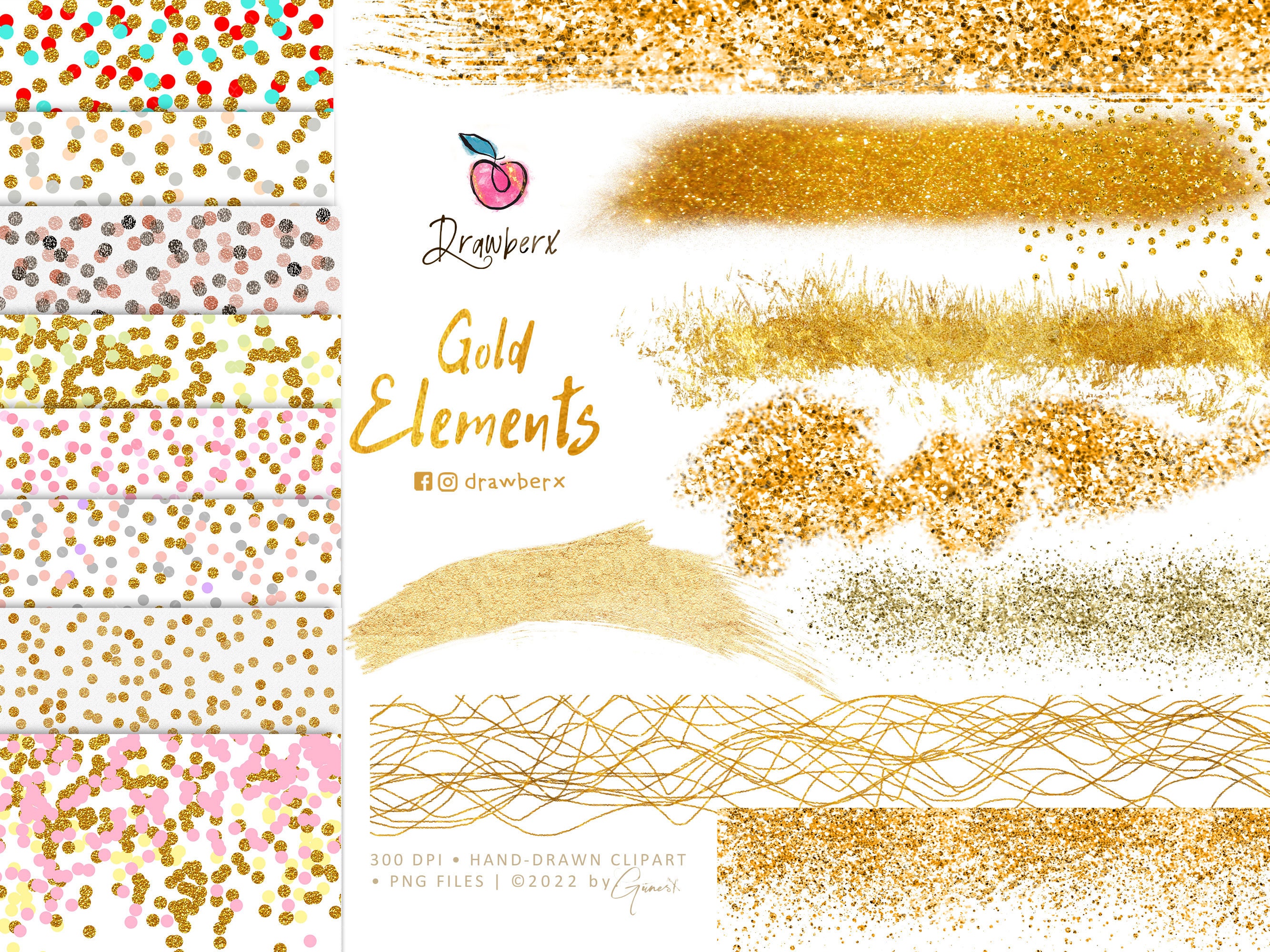 Gold Confetti Overlay Clipart and Digital Papers Bundle, Gold Brush ...