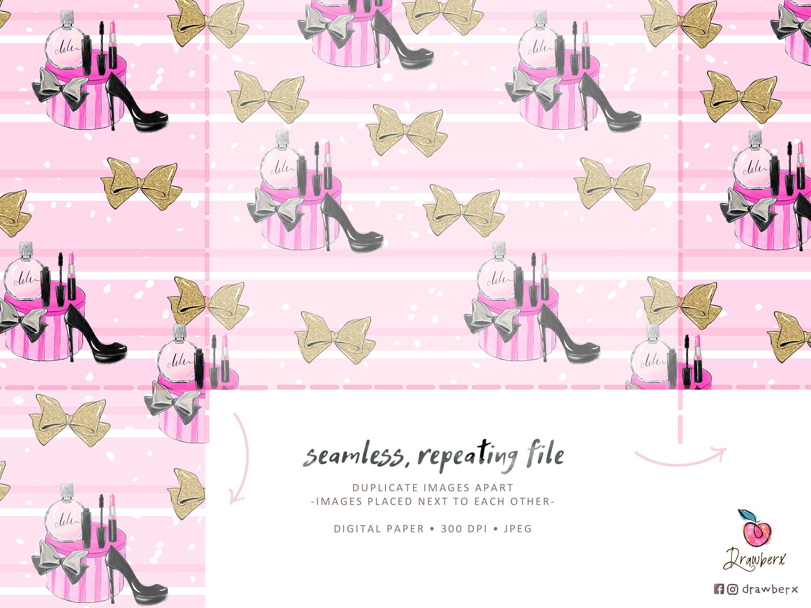 Pink Girly Glam Digital Paper, Seamless Patterns /fashionista, Makeup ...