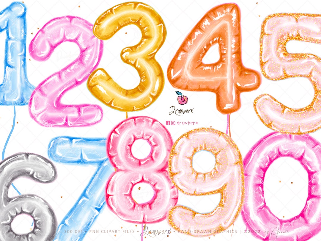 Number Balloons Clipart 0-9/watercolor, Birthday Foil Balloons, Numbers ...