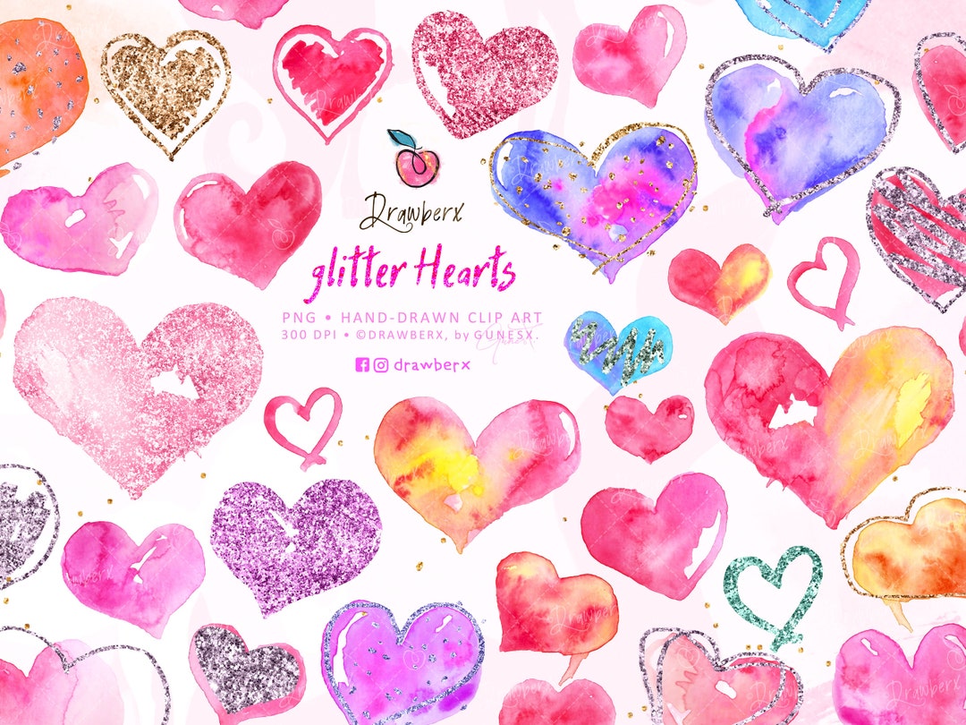 Colorful Glitter Hearts Clipart, Png Files / Pink, Purple, Watercolor ...