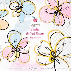 Doodle Flowers Clipart / Cute, hand-drawn Abstract Flowers, png files ...
